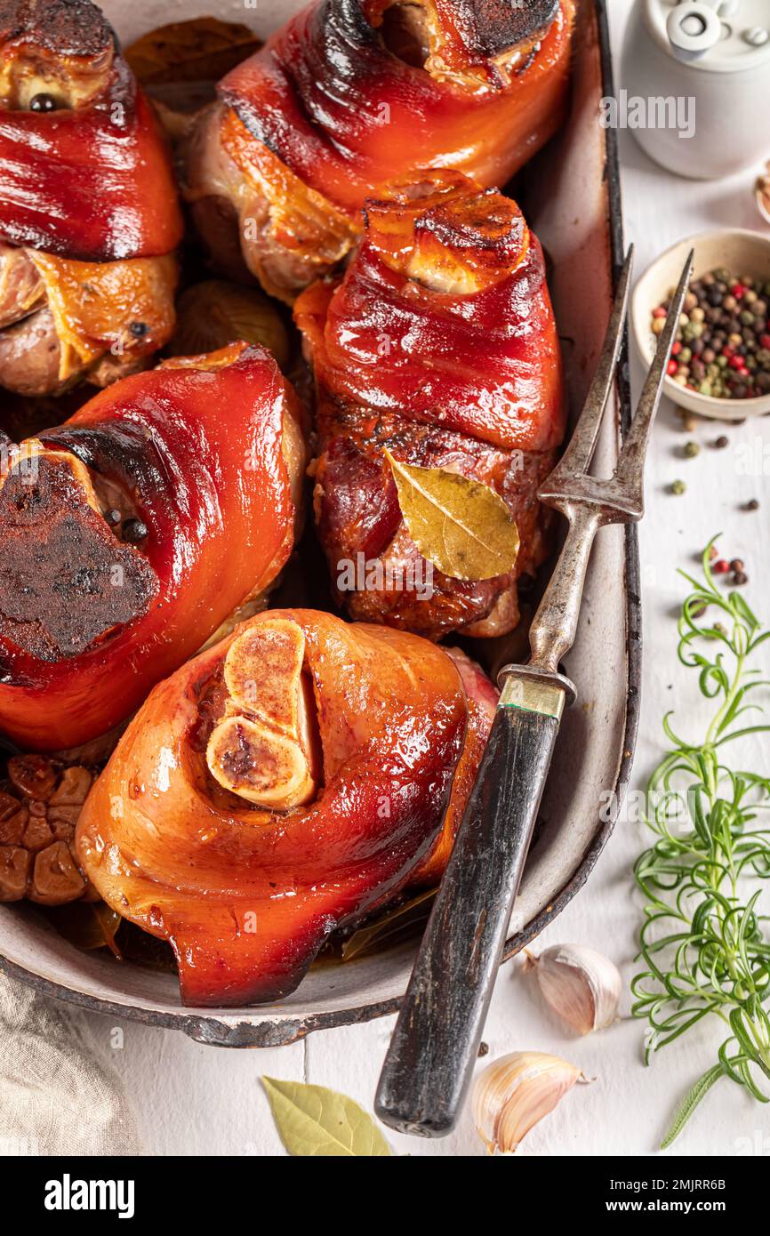 Roasted pork knuckle made of fresh raw meat. Roasted pork knuckle with ...