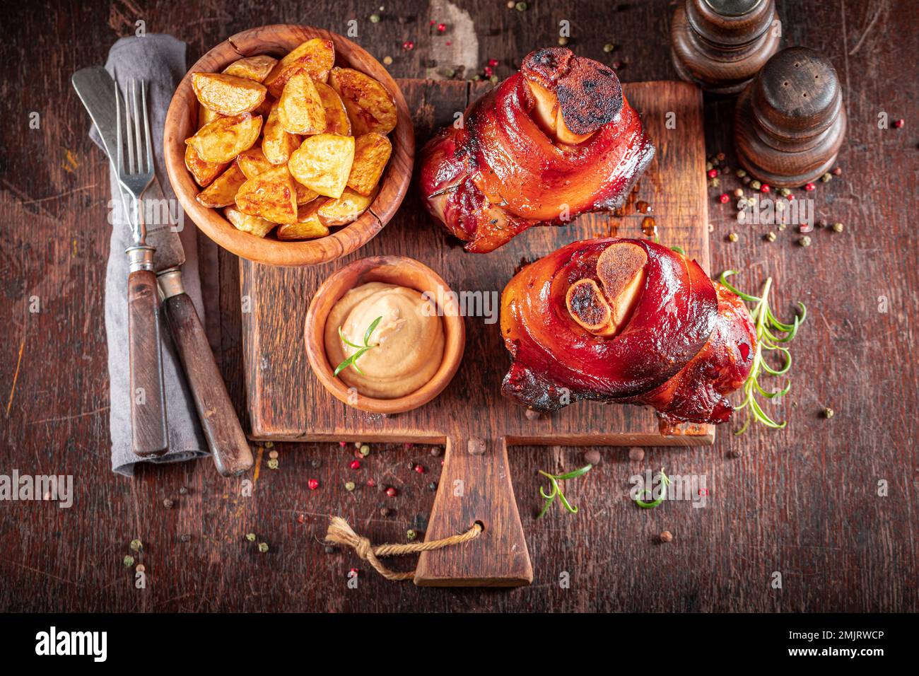 Hot roasted pork knuckle as regional dish in Bavaria. Roasted ...