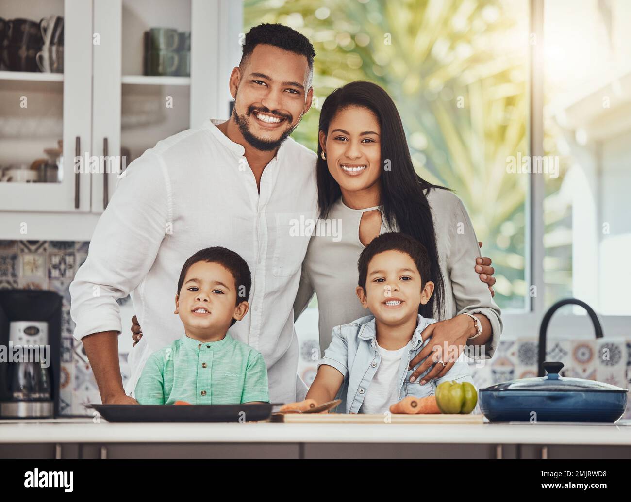 Cooking, happy and portrait of family in kitchen for food, learning and ...