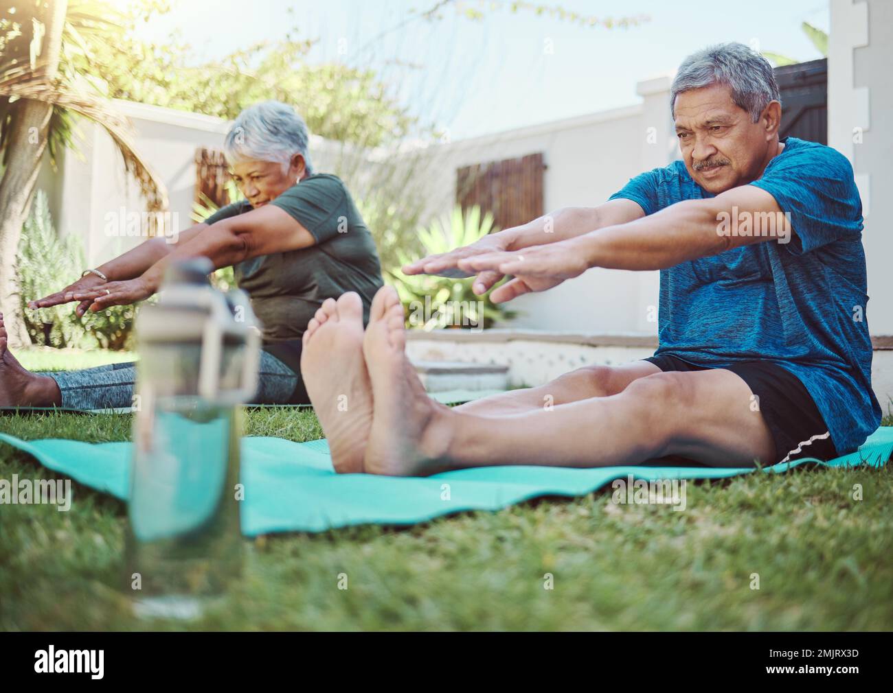 Fitness, yoga and senior couple stretching for exercise, zen and relax ...