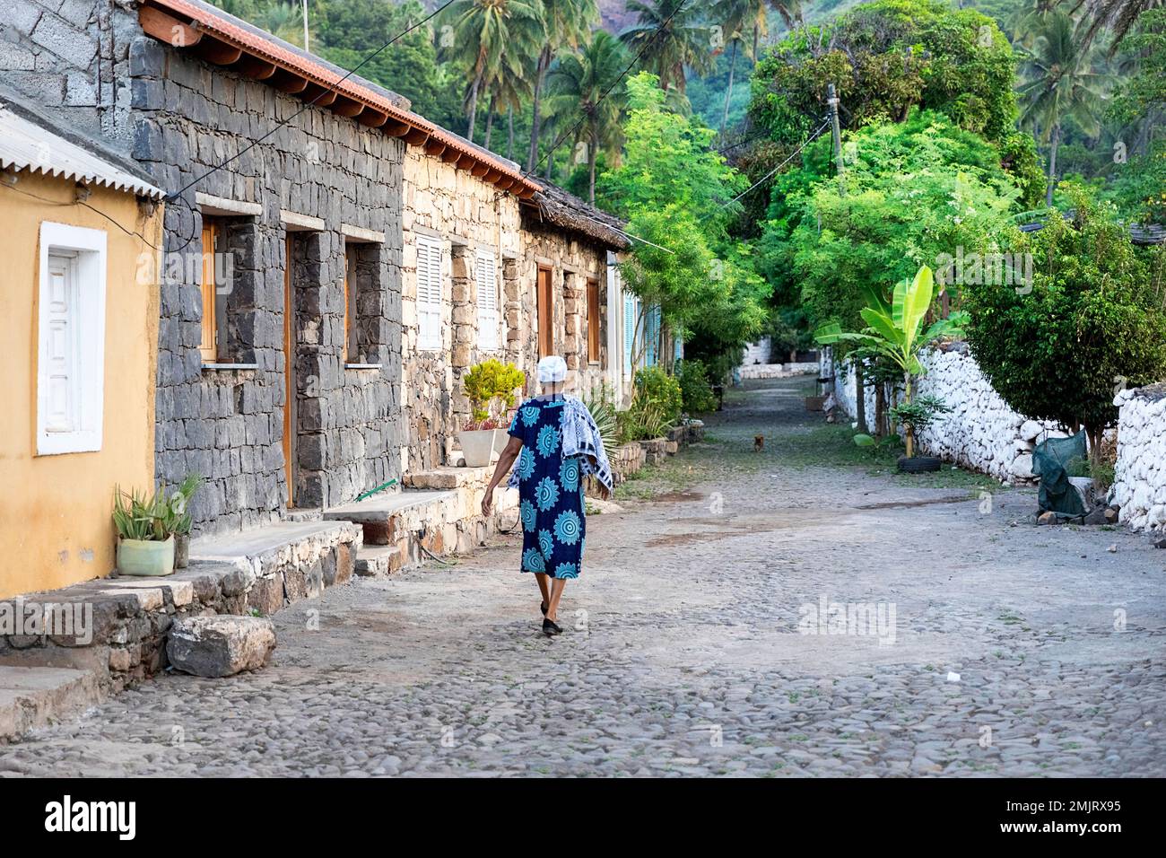 Local woman walking on a Rua Banana Street with traditional houses made ...