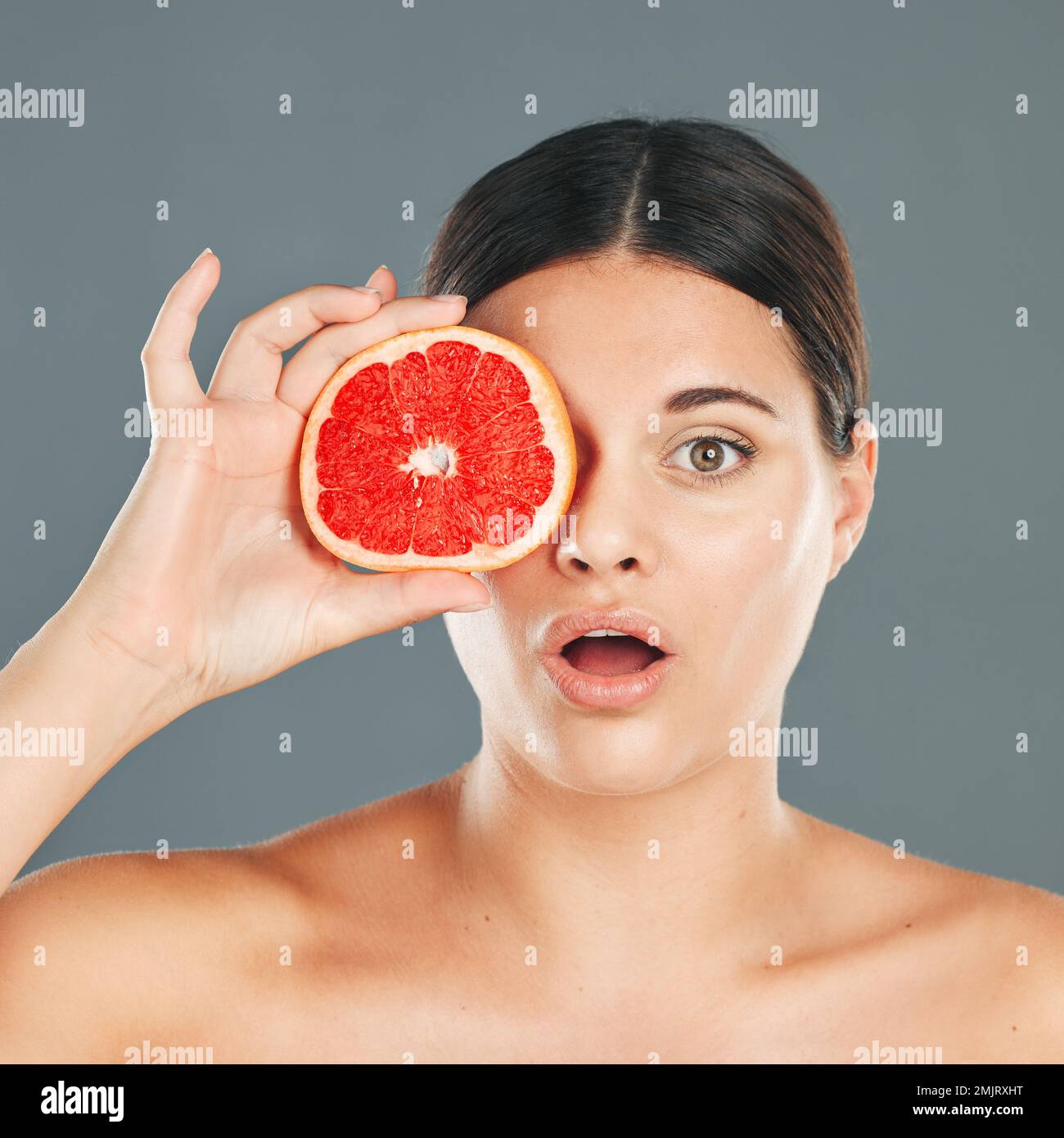 Skincare woman with grapefruit portrait or wow face for health wellness ...