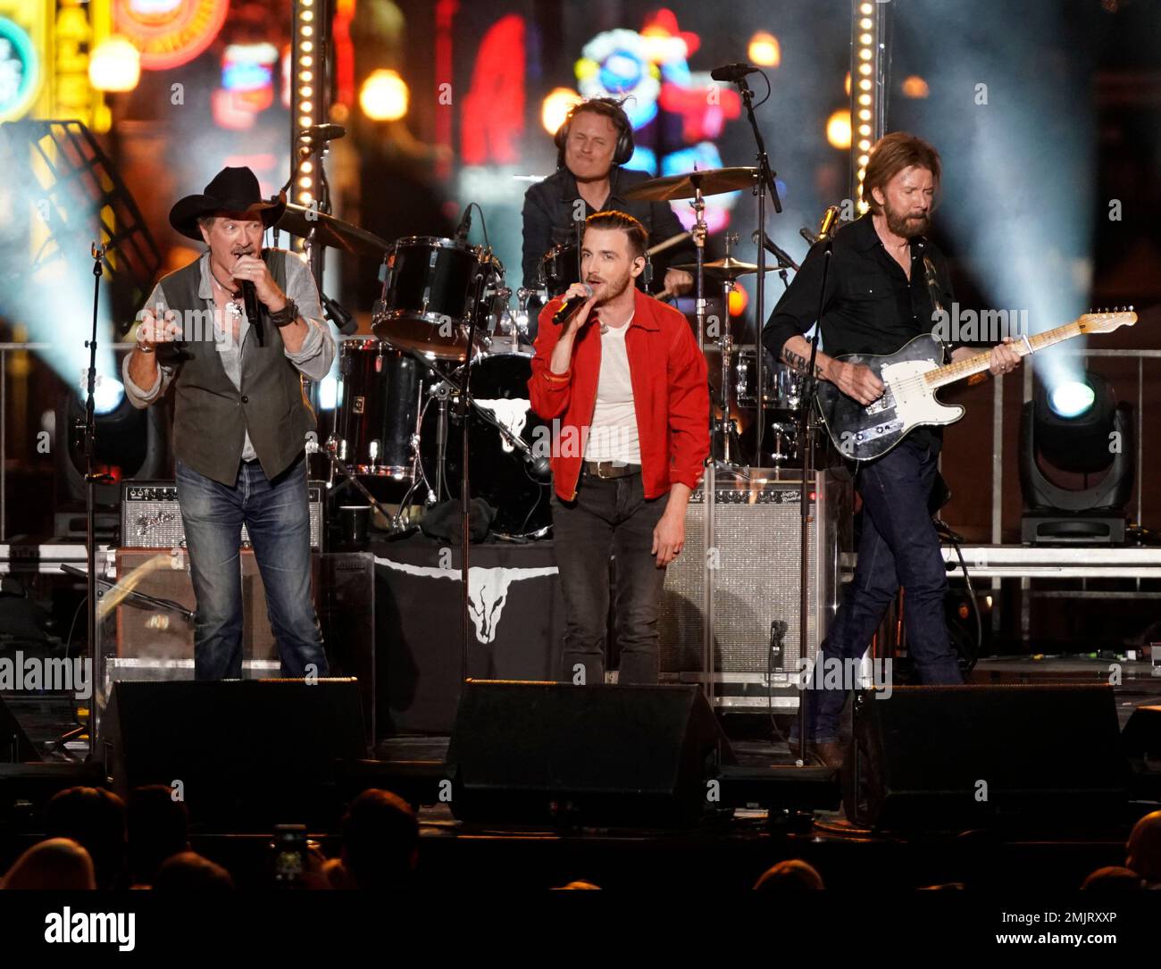 Brandon Lancaster, of the band Lanco, performs with Kix Brooks, left ...