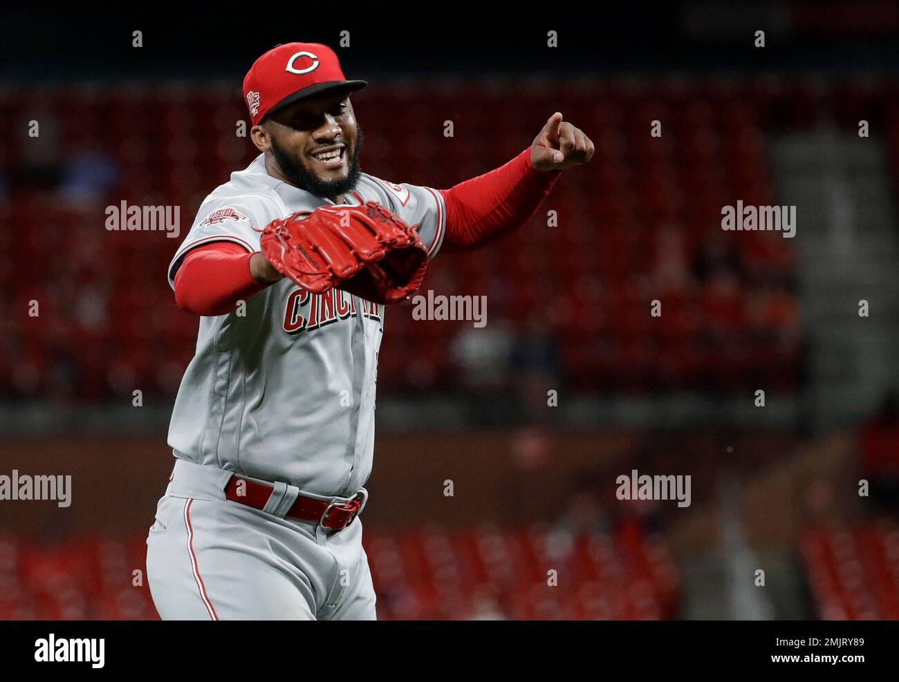 Cincinnati Reds relief pitcher Amir Garrett celebrates after getting St ...