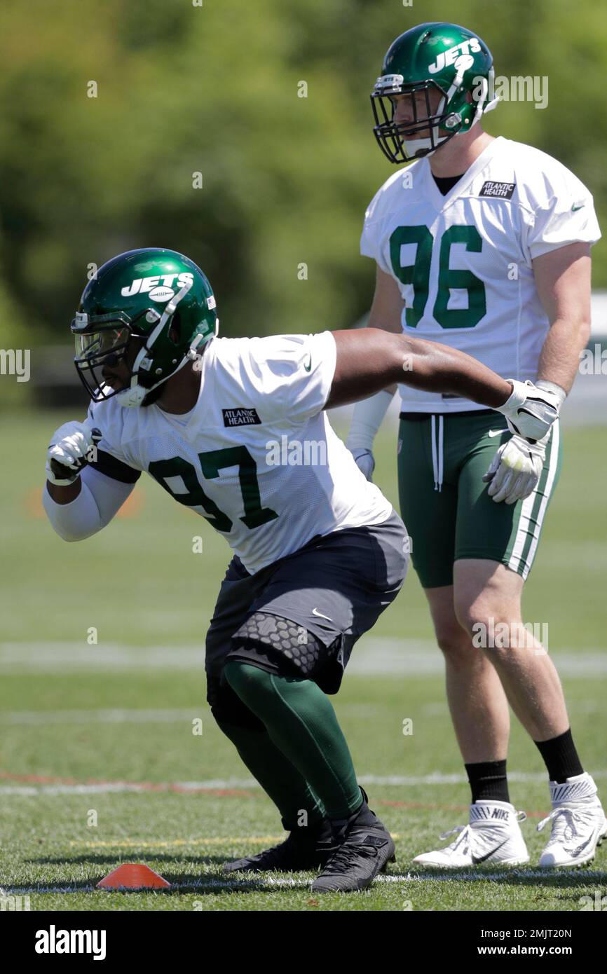 New York Jets defensive end Nathan Shepherd runs a drill at the team's ...