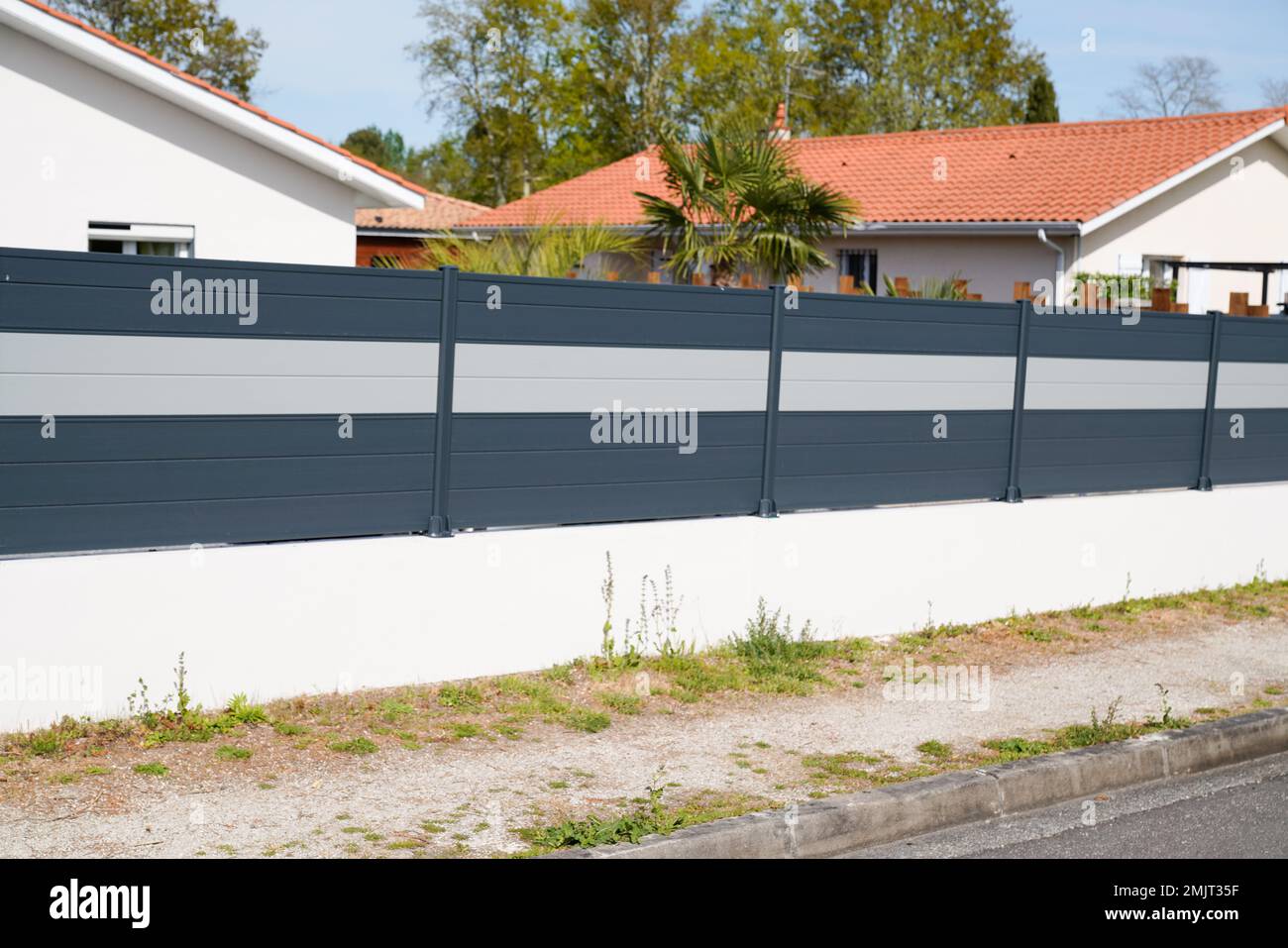 wall grey modern barrier of suburb house protect view home garden Stock ...