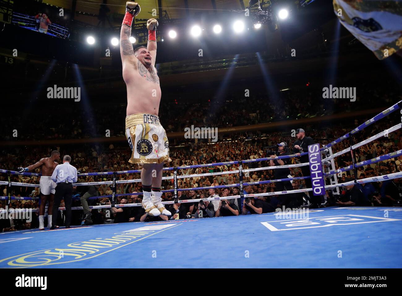 Andy Ruiz celebrates after stopping British boxer Anthony Joshua during ...