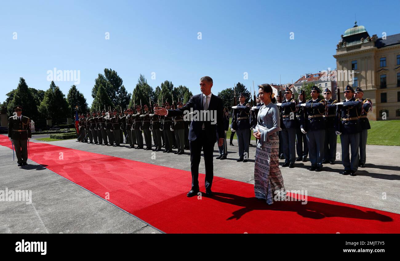 Czech Republic's Prime Minister Andrej Babis, left, welcomes Myanmar's ...