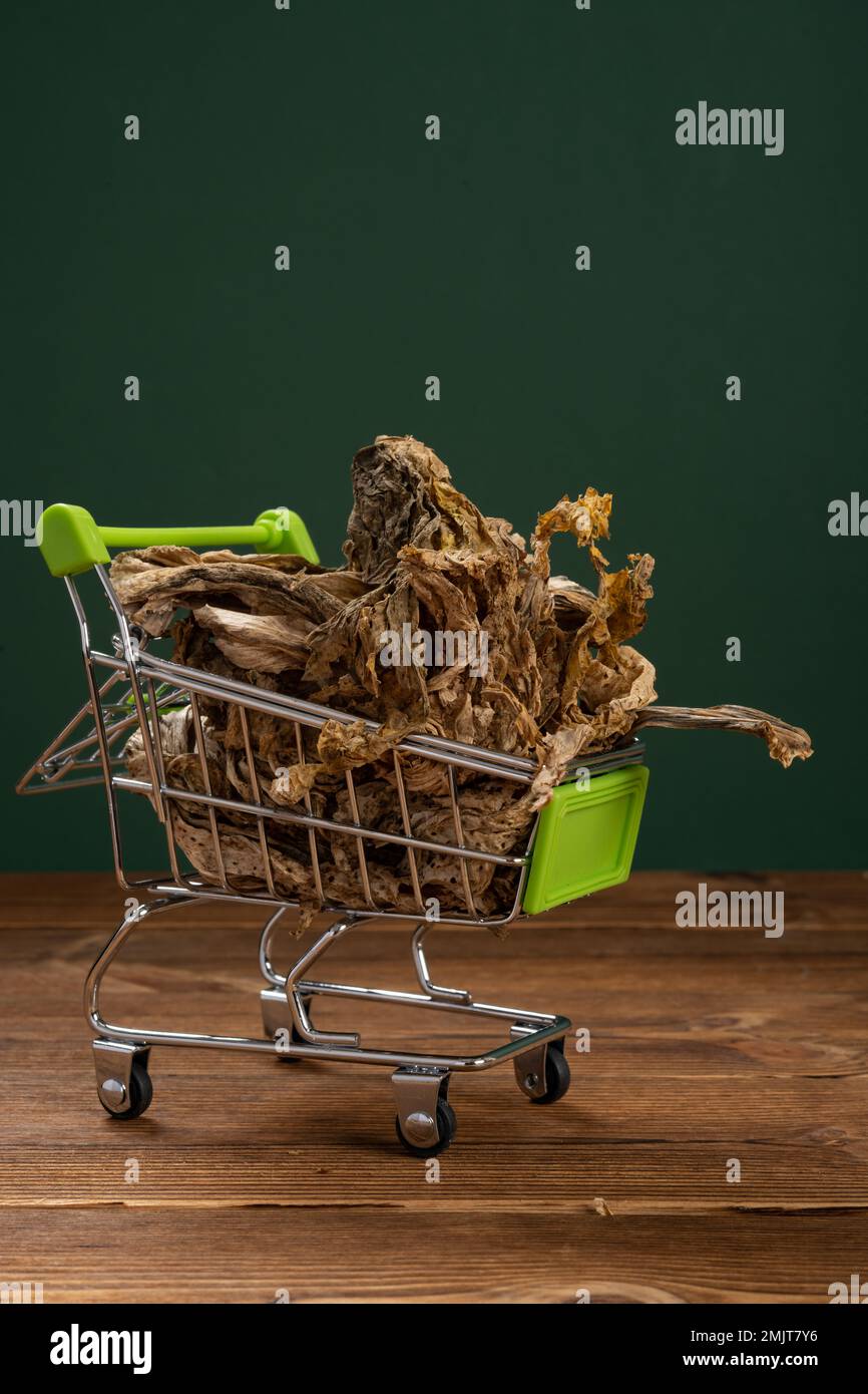 shopping cart with moldy vegetable at vertical composition concept of ...