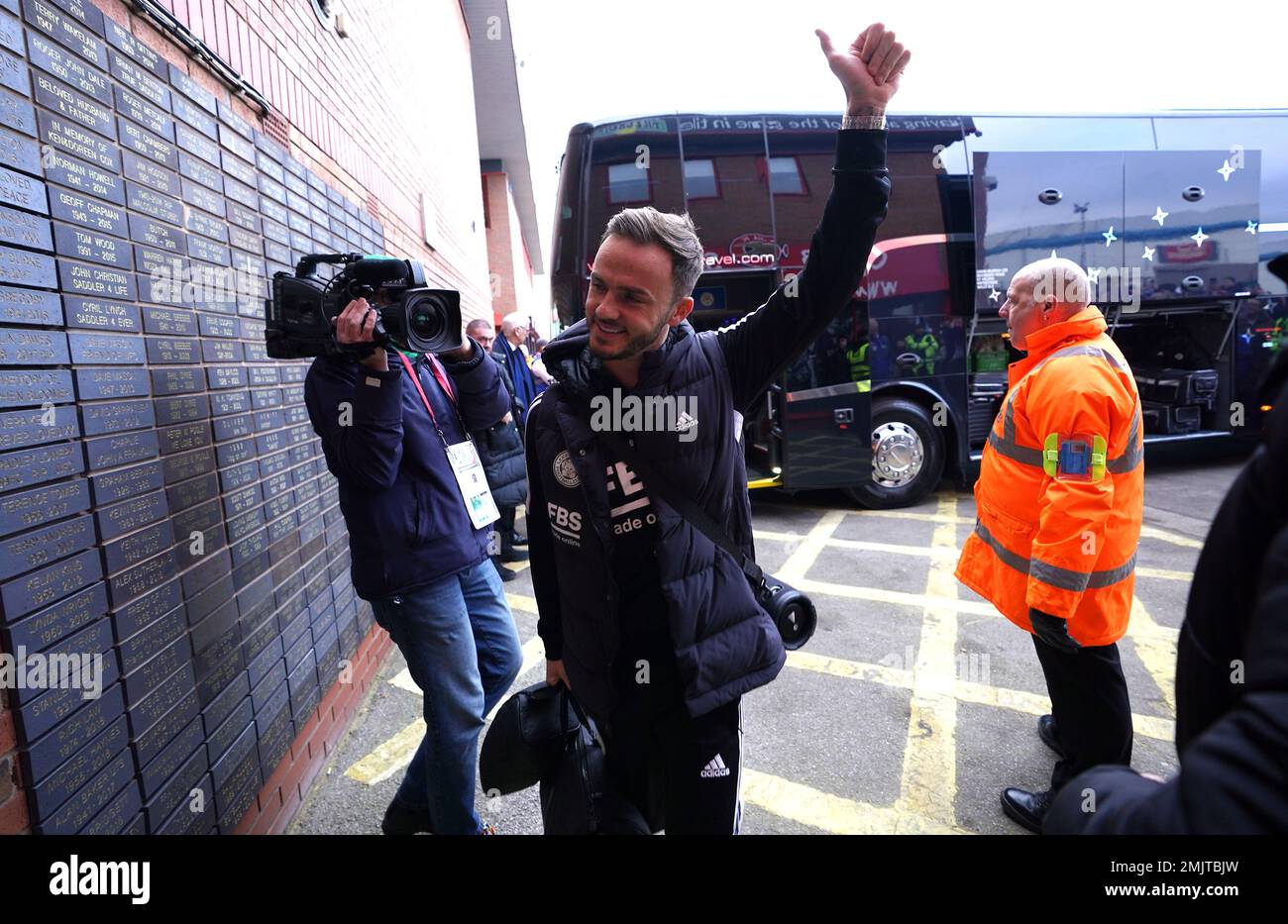 Leicester City's James Maddison waves to the fans as he arrives to the ...
