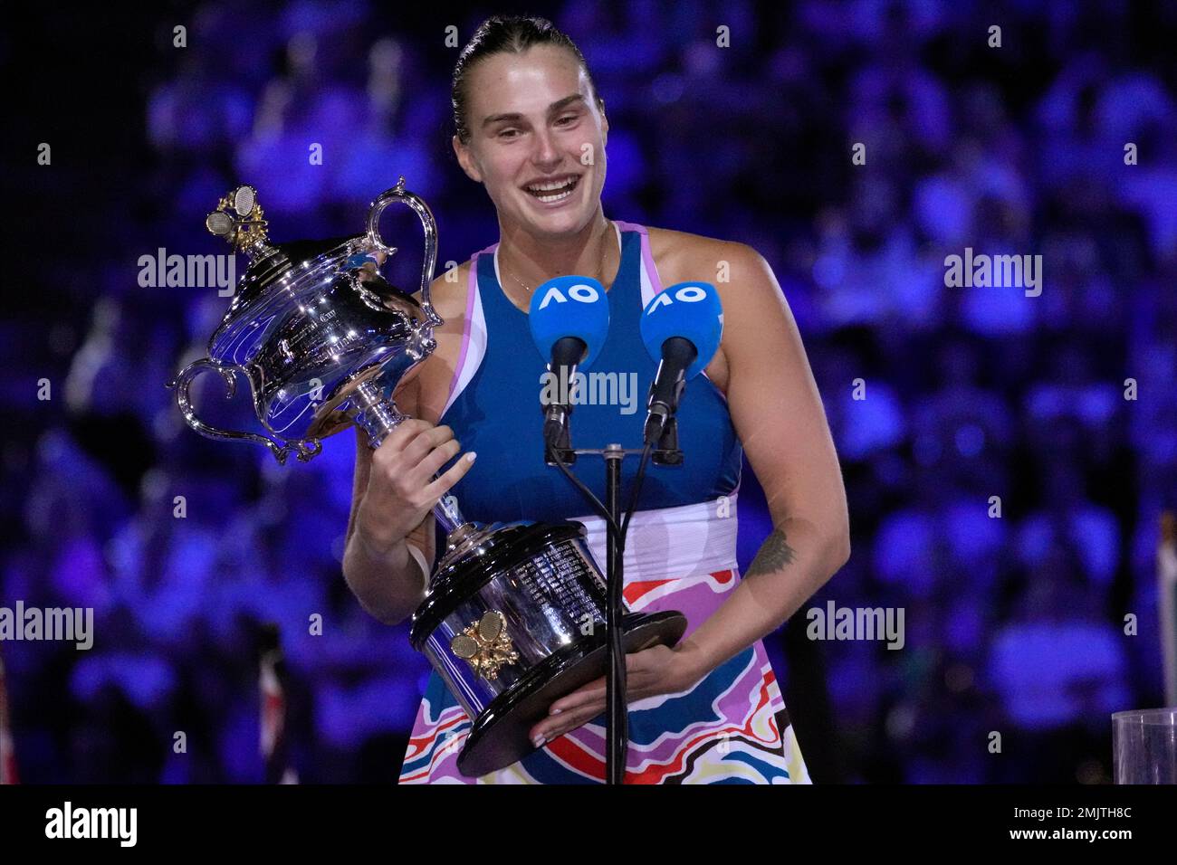 Aryna Sabalenka of Belarus holds the Daphne Akhurst Memorial Trophy after defeating Elena ...