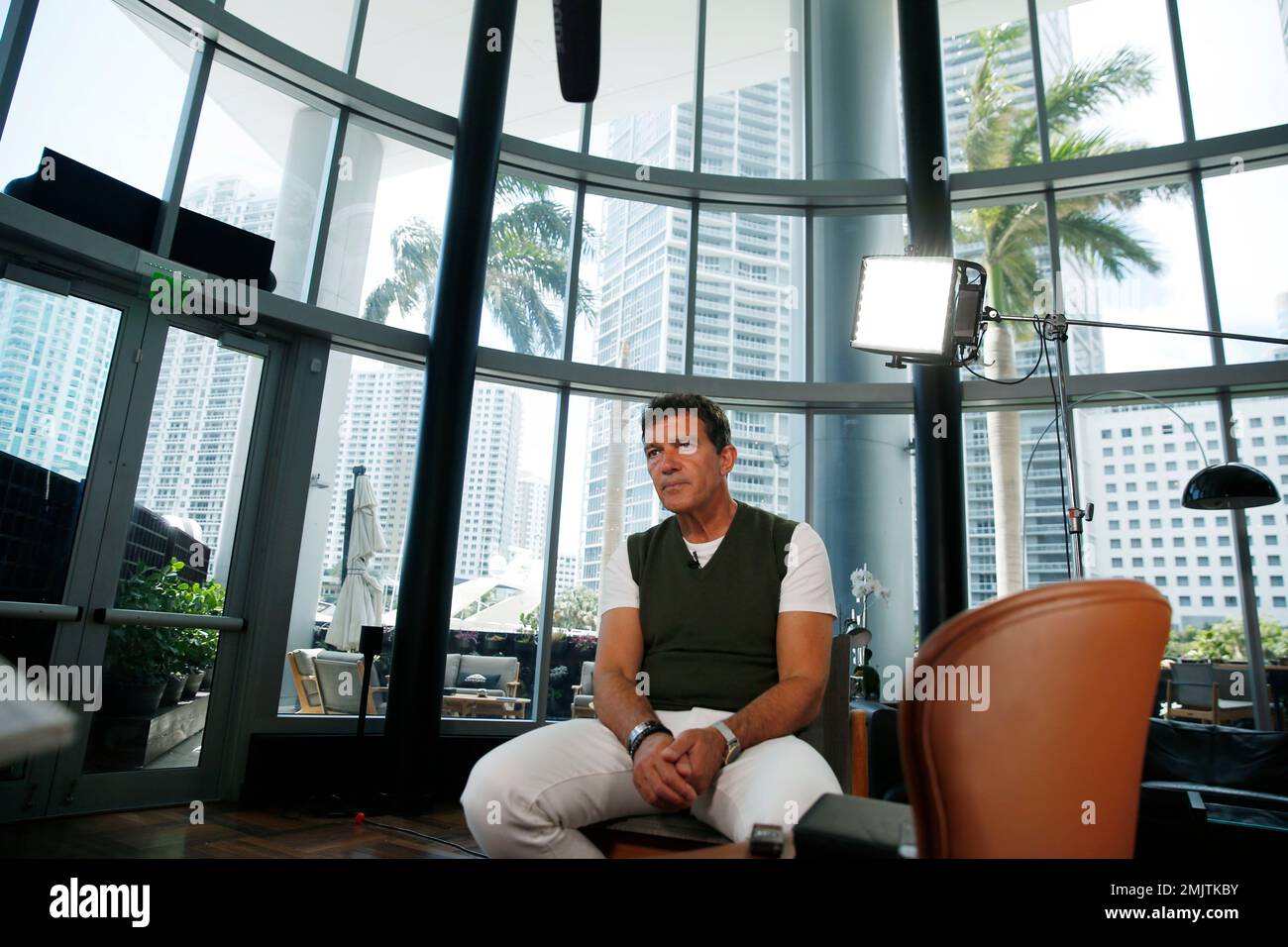 In this Wednesday, May 29, 2019 photo, actor Antonio Banderas sits for ...