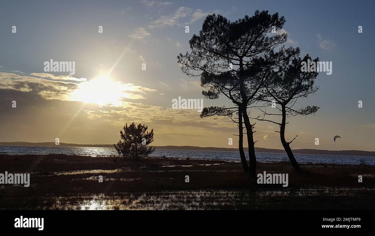 beach sunset in summer day in Biscarrosse lake village in France Stock ...