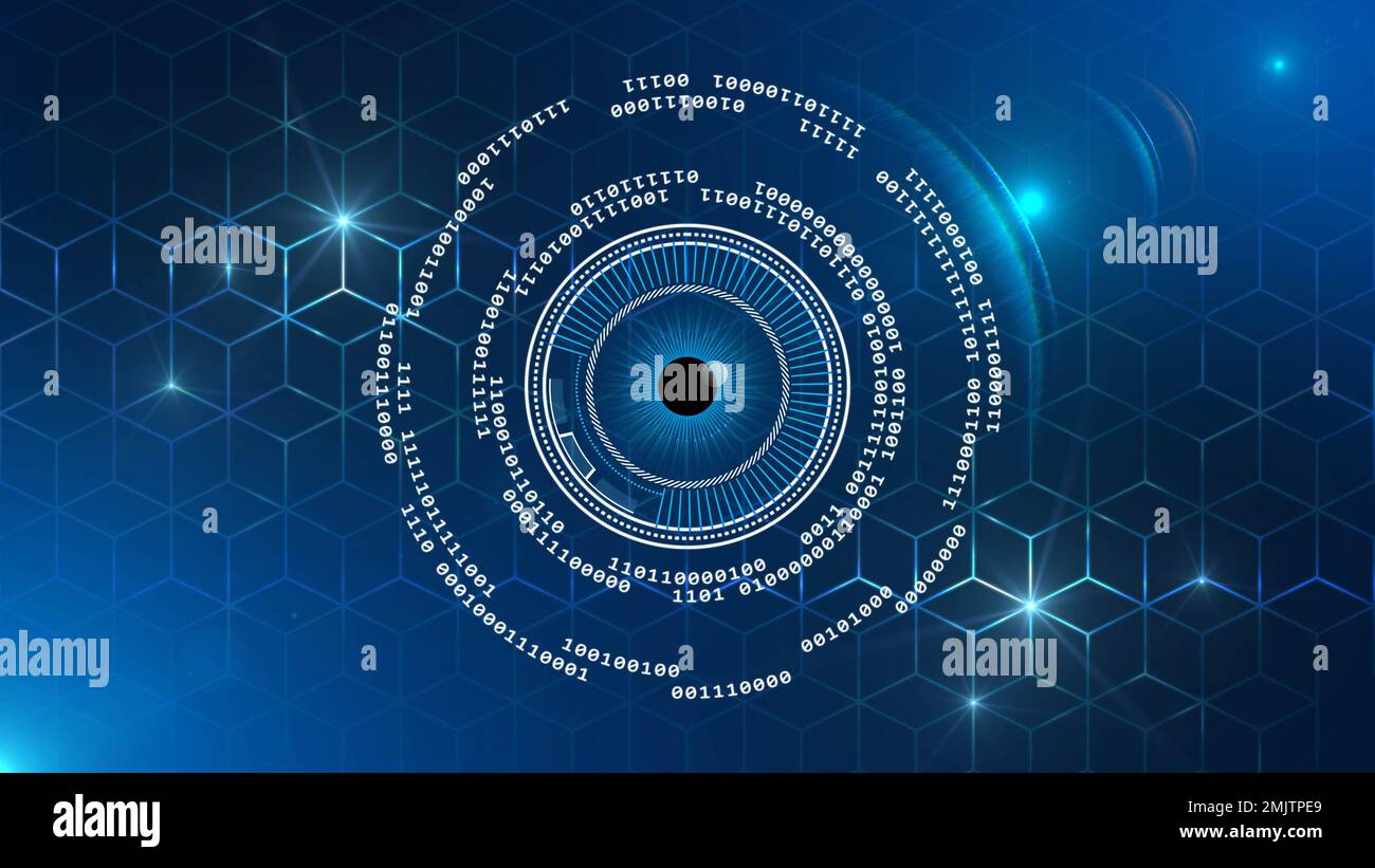 Digital internet cyber security technology concept - binary code circles around futuristic ...