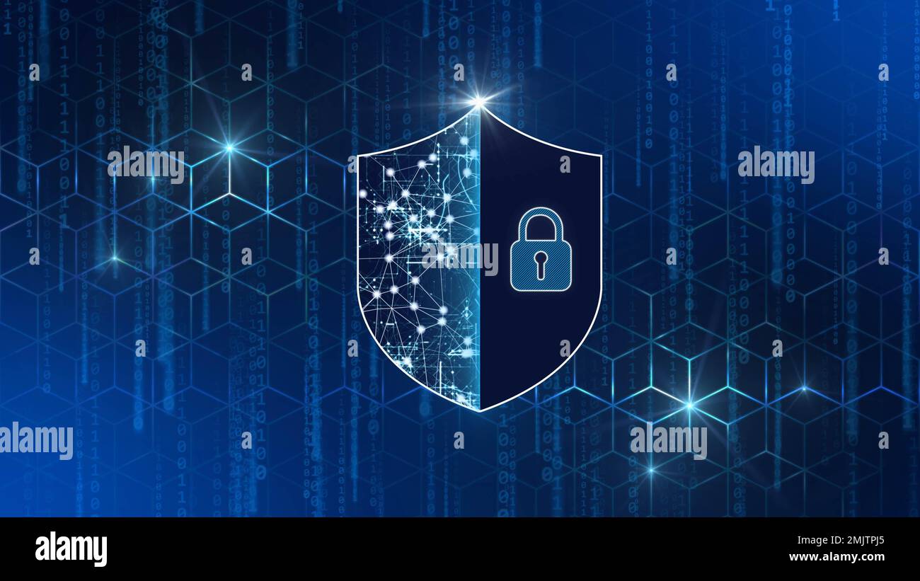 Digital internet cyber security technology concept - Protective Shield with padlock on graphic ...