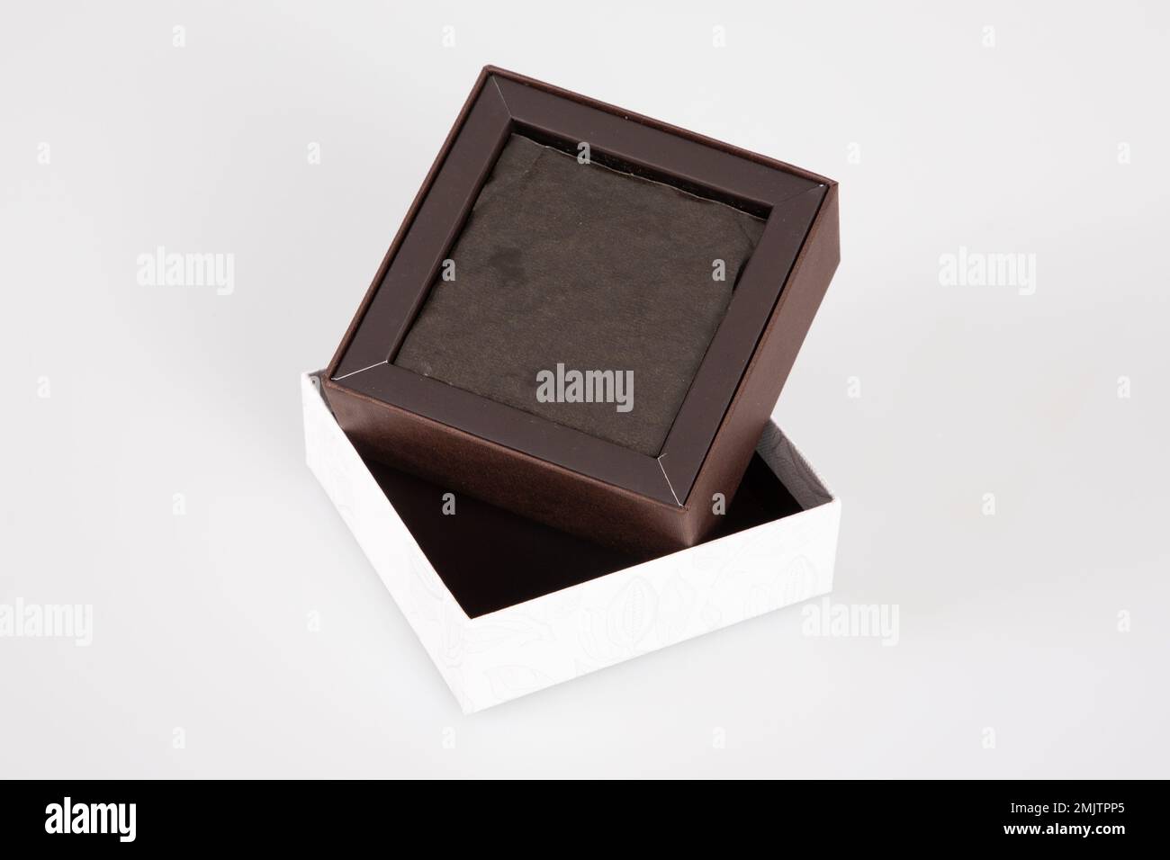 brown open Gift Box with White cower in grey background Stock Photo - Alamy