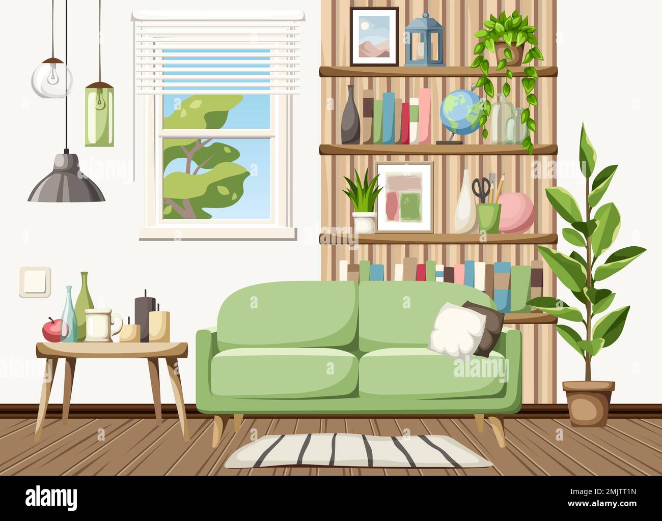 Living room interior with a green sofa, wooden slats with shelves, a ...