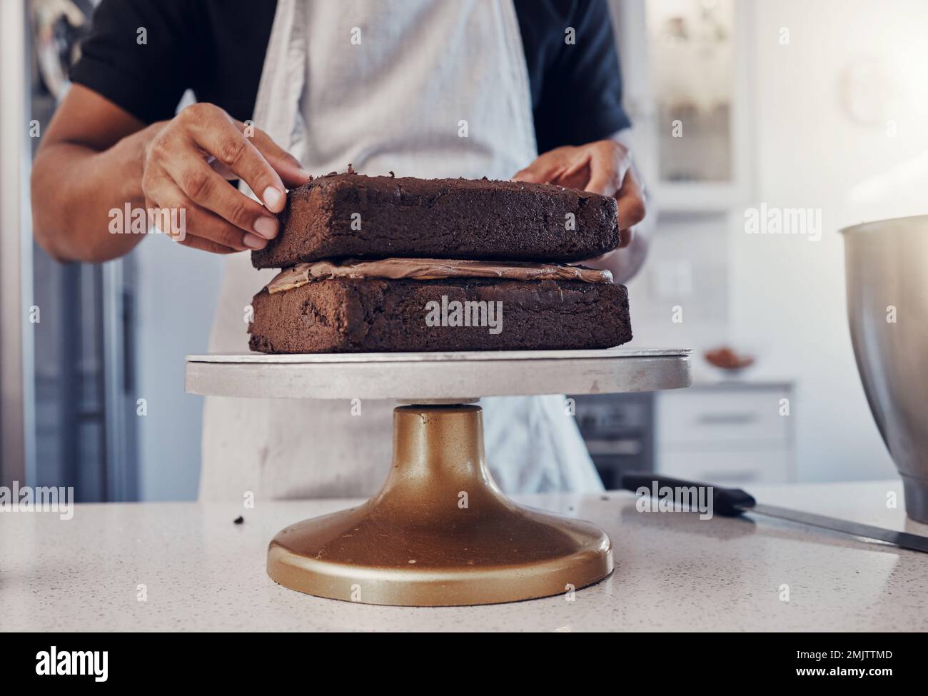 Layering, preparation and hands of a man with a cake for a birthday ...