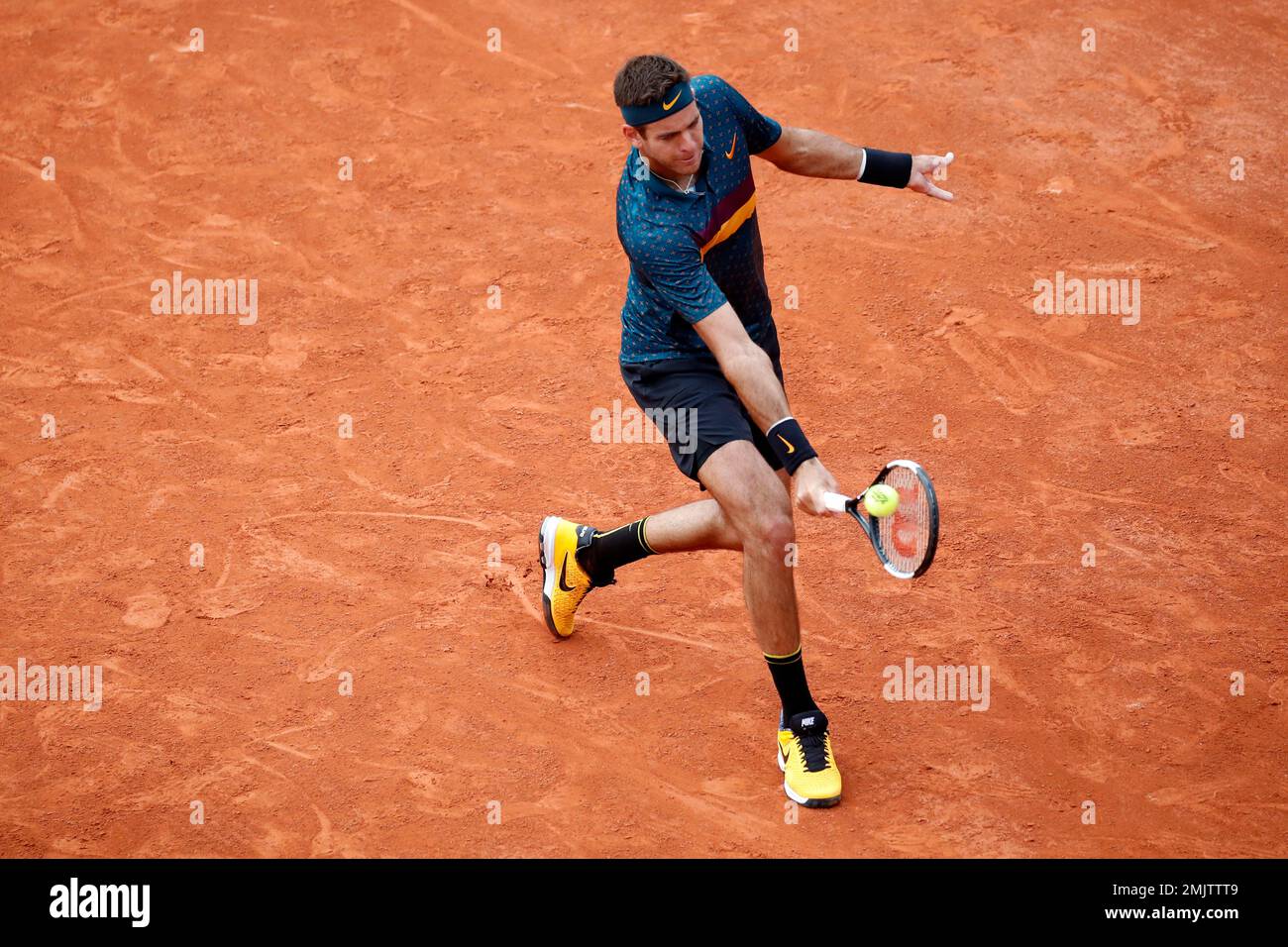 Argentina's Juan Martin del Potro plays a shot against Japan's ...