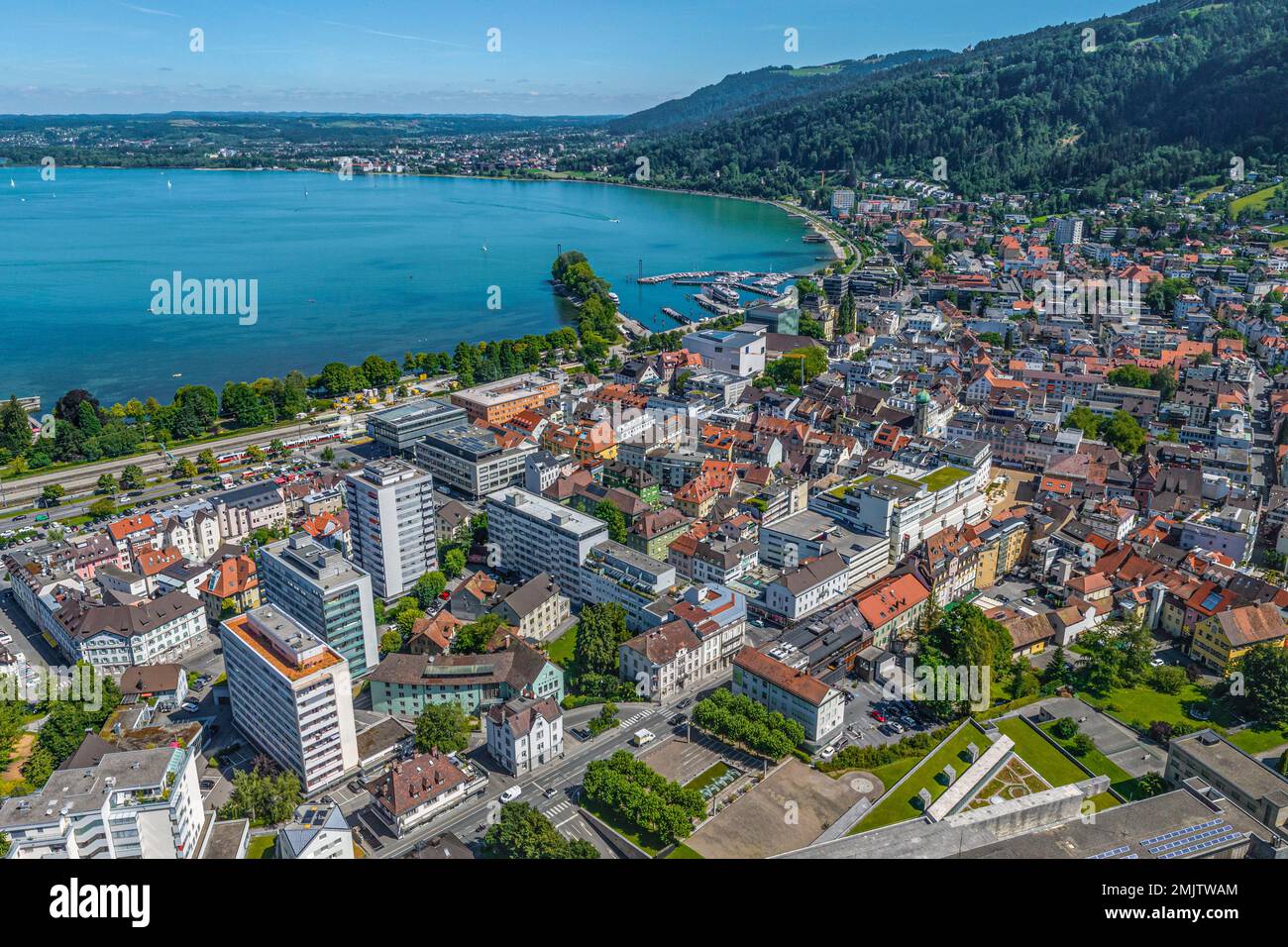 Aerial view to the inner city of Bregenz on Lake Constance, distict ...