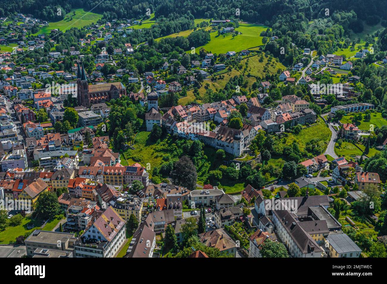 Aerial view to the inner city of Bregenz on Lake Constance, distict ...
