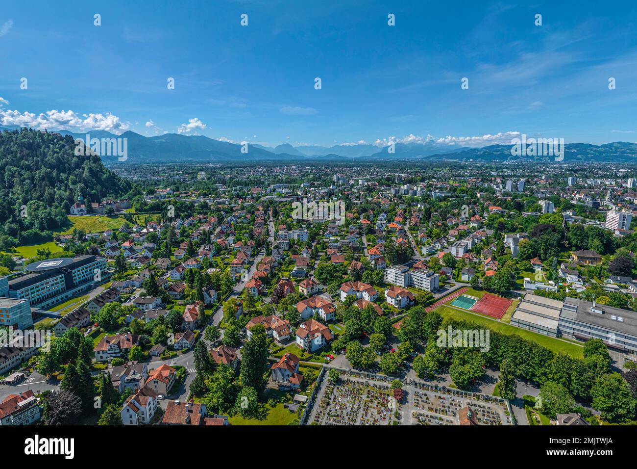 Aerial view to the inner city of Bregenz on Lake Constance, distict ...