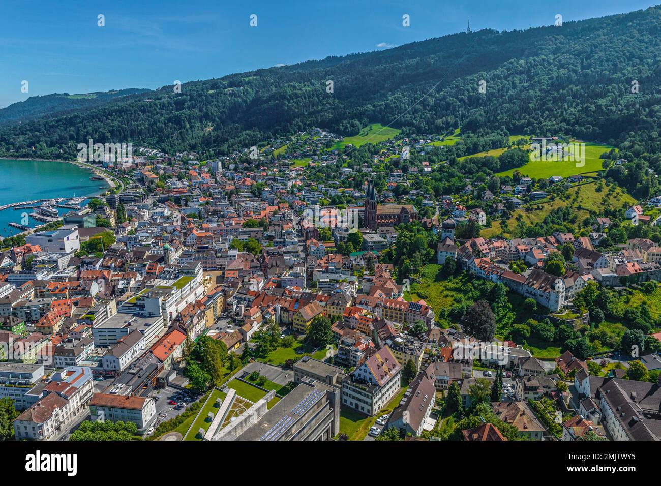 Aerial view to the inner city of Bregenz on Lake Constance, distict ...