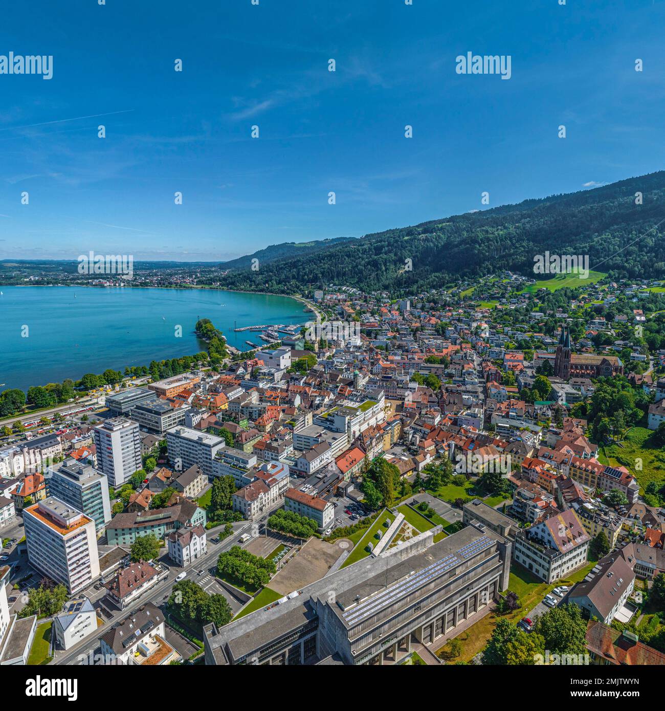 Aerial view to the inner city of Bregenz on Lake Constance, distict ...