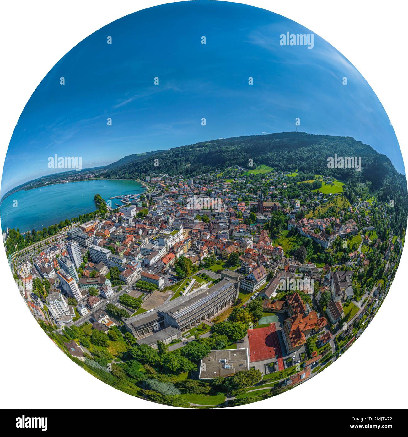 Aerial view to the inner city of Bregenz on Lake Constance, distict ...