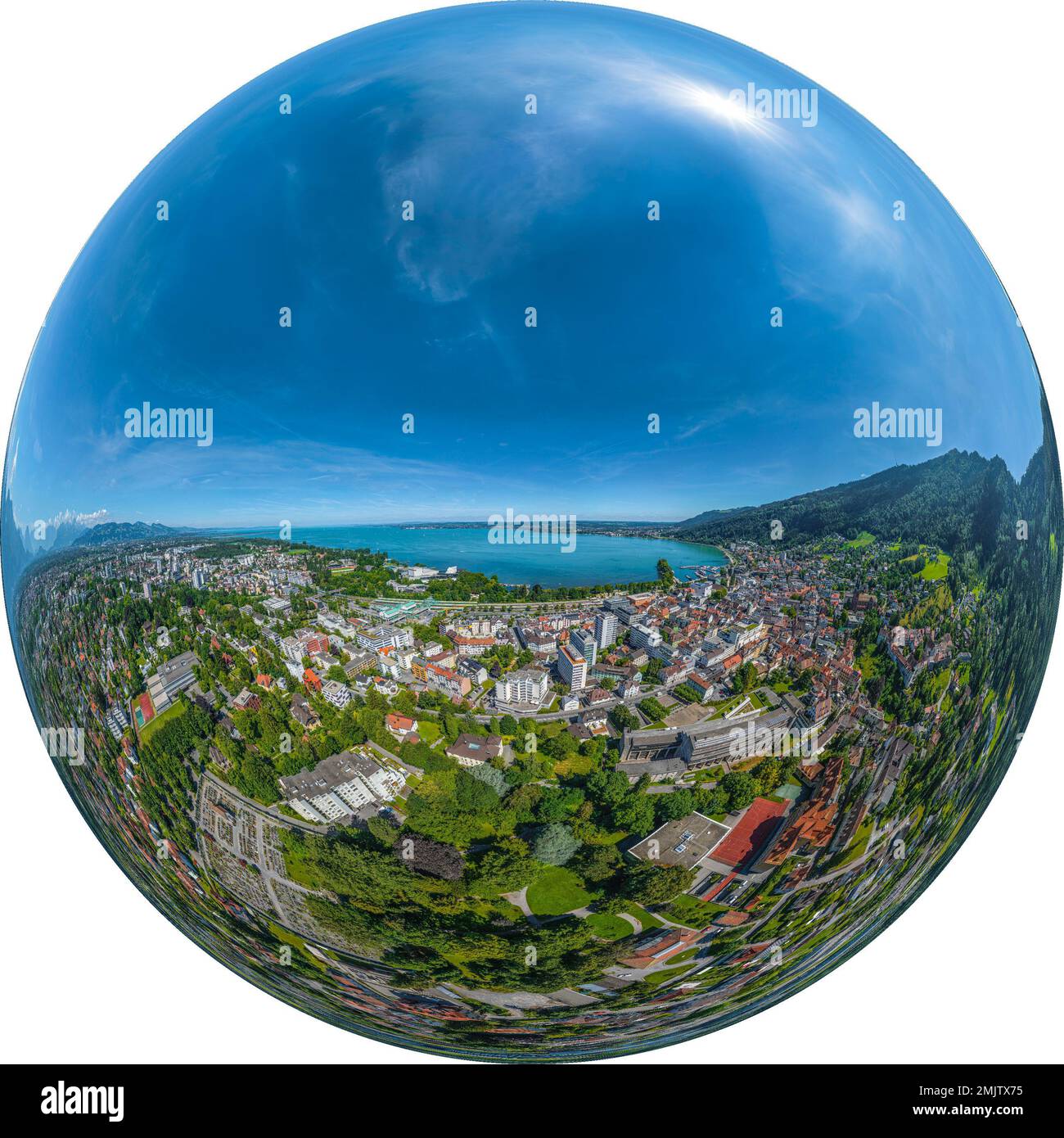 Aerial view to the inner city of Bregenz on Lake Constance, distict ...