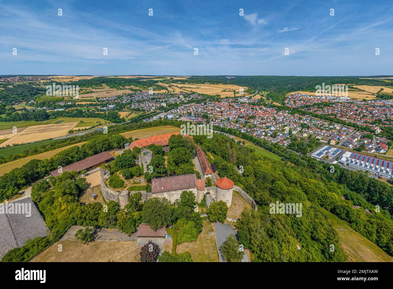 Aerial view to the idyllic region around Igersheim in the Tauber valley ...