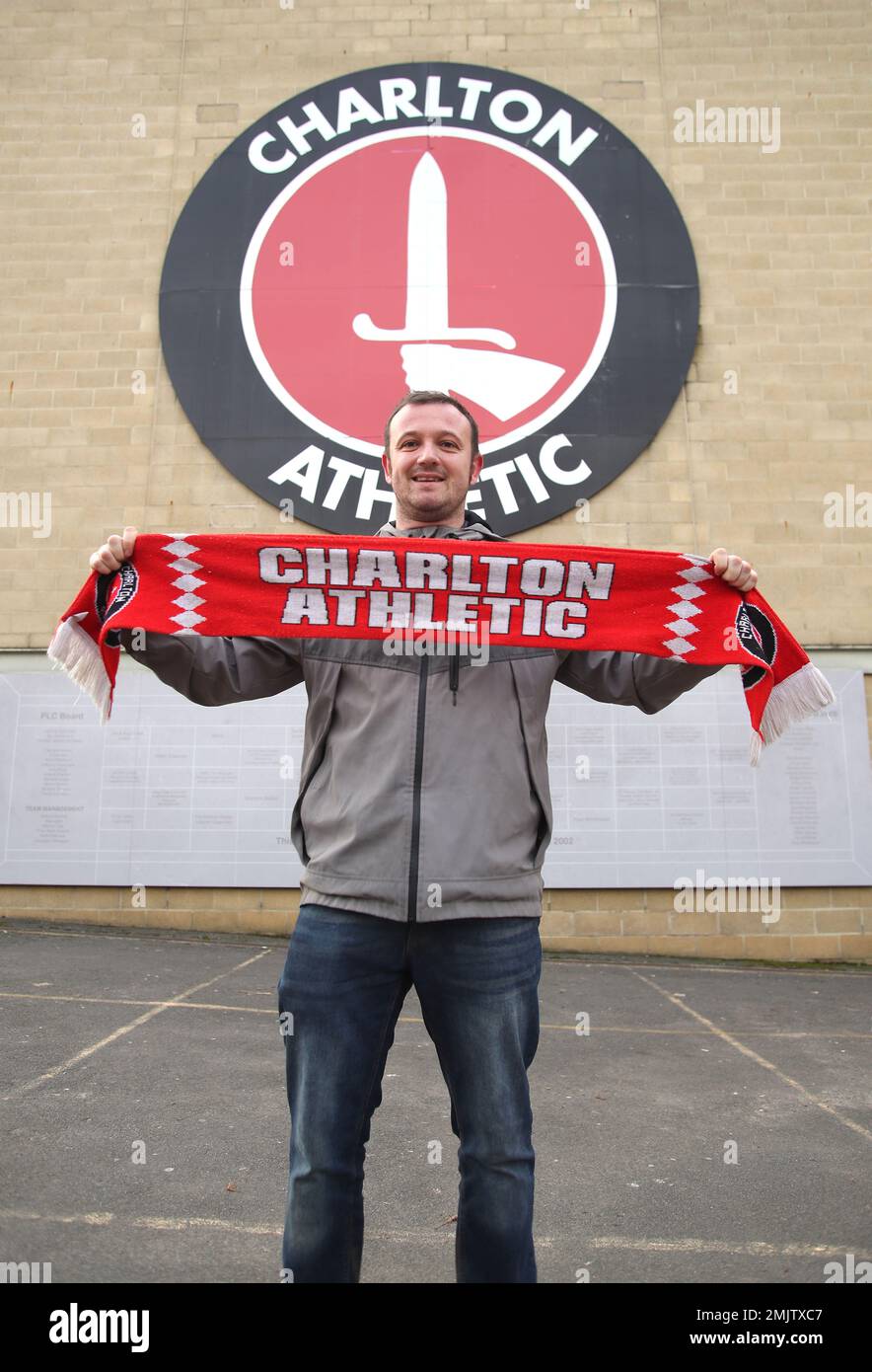 Charlton Athletic fan pose in front of the stadium ahead of the Sky Bet ...