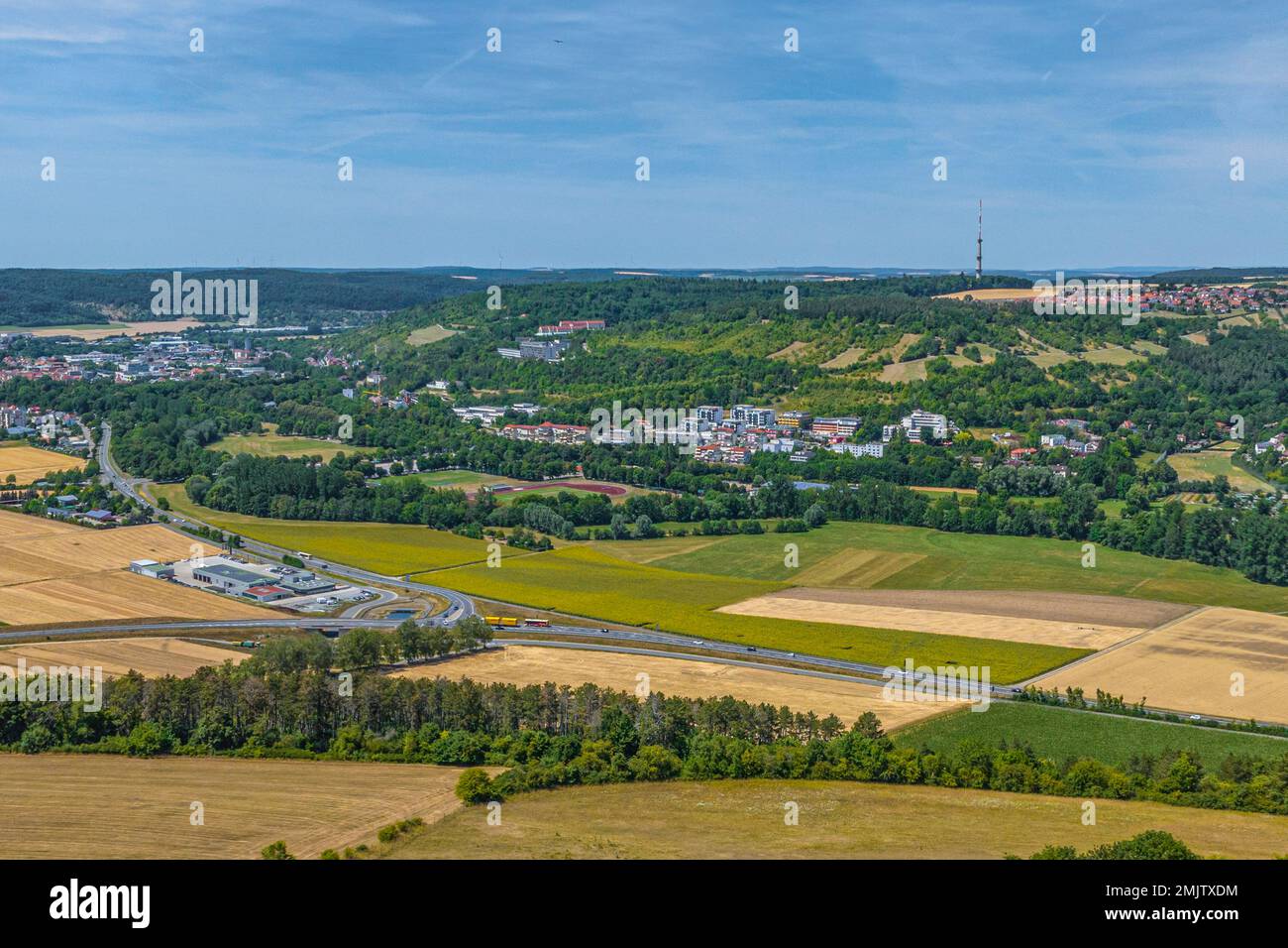 Aerial view to the idyllic region around Igersheim in the Tauber valley ...