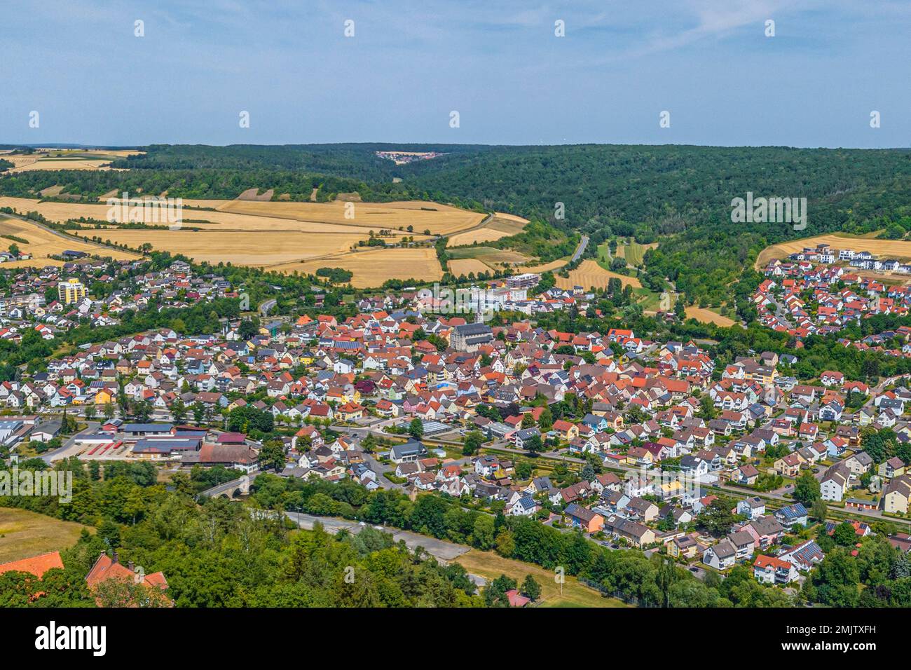 Aerial view to the idyllic region around Igersheim in the Tauber valley ...