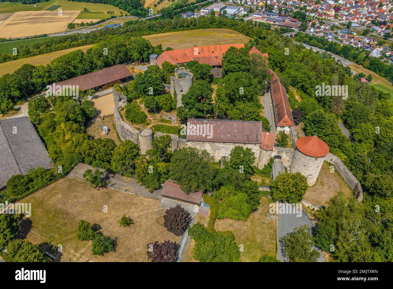 Aerial view to the idyllic region around Igersheim in the Tauber valley ...