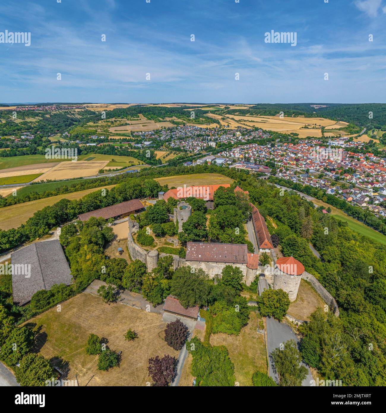 Aerial view to the idyllic region around Igersheim in the Tauber valley ...