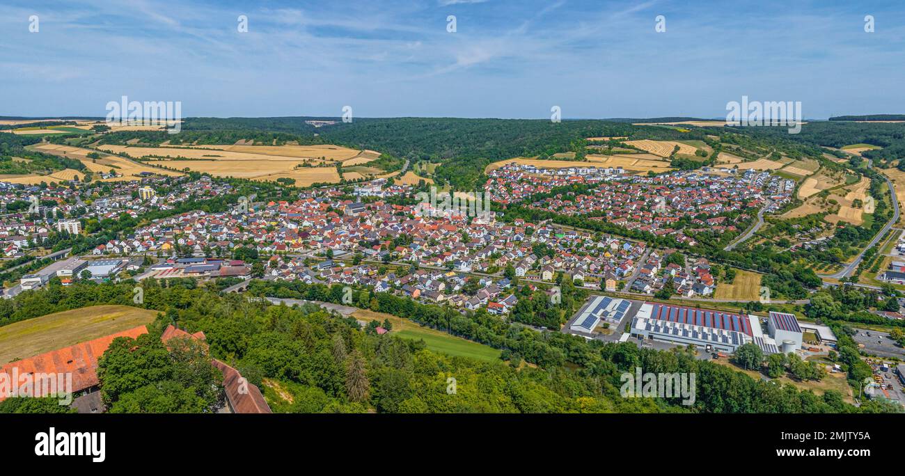 Aerial view to the idyllic region around Igersheim in the Tauber valley ...