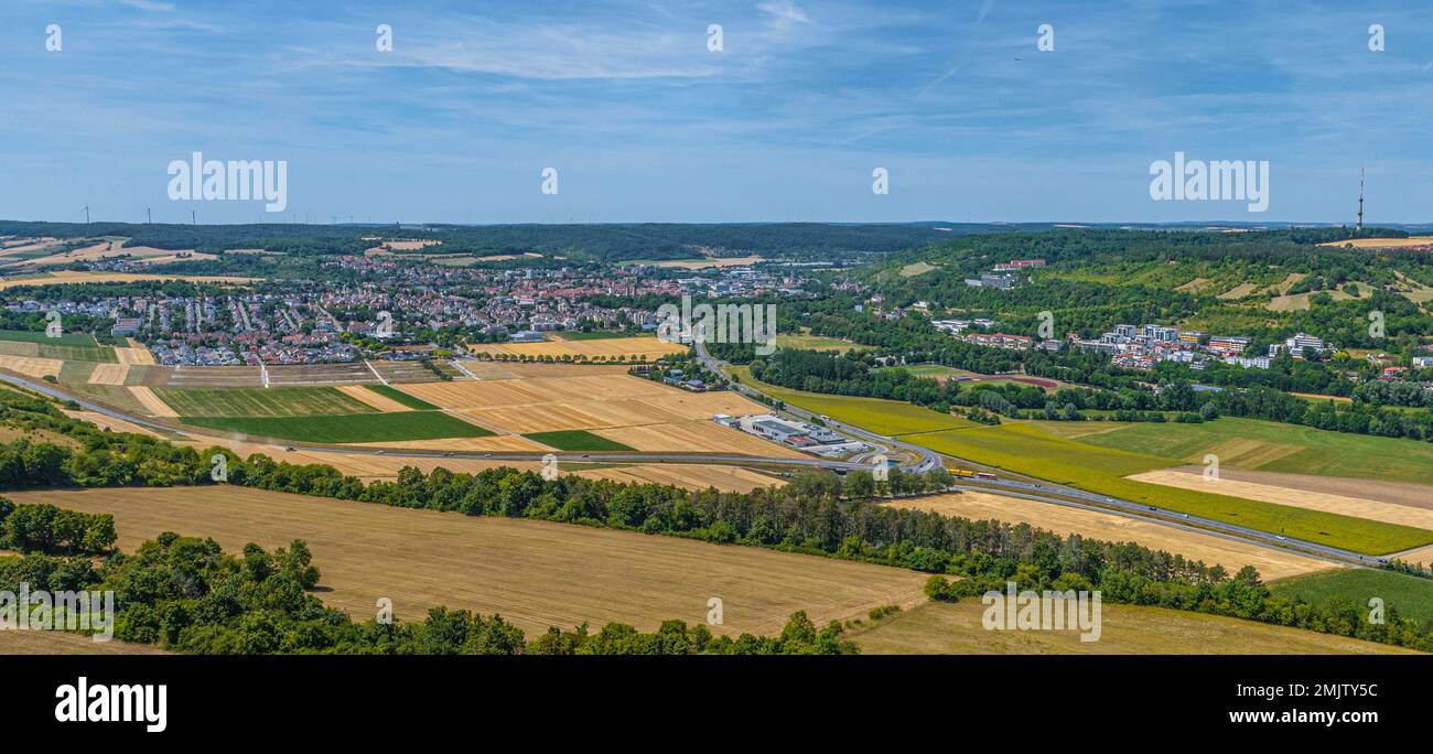 Aerial view to the idyllic region around Igersheim in the Tauber valley ...