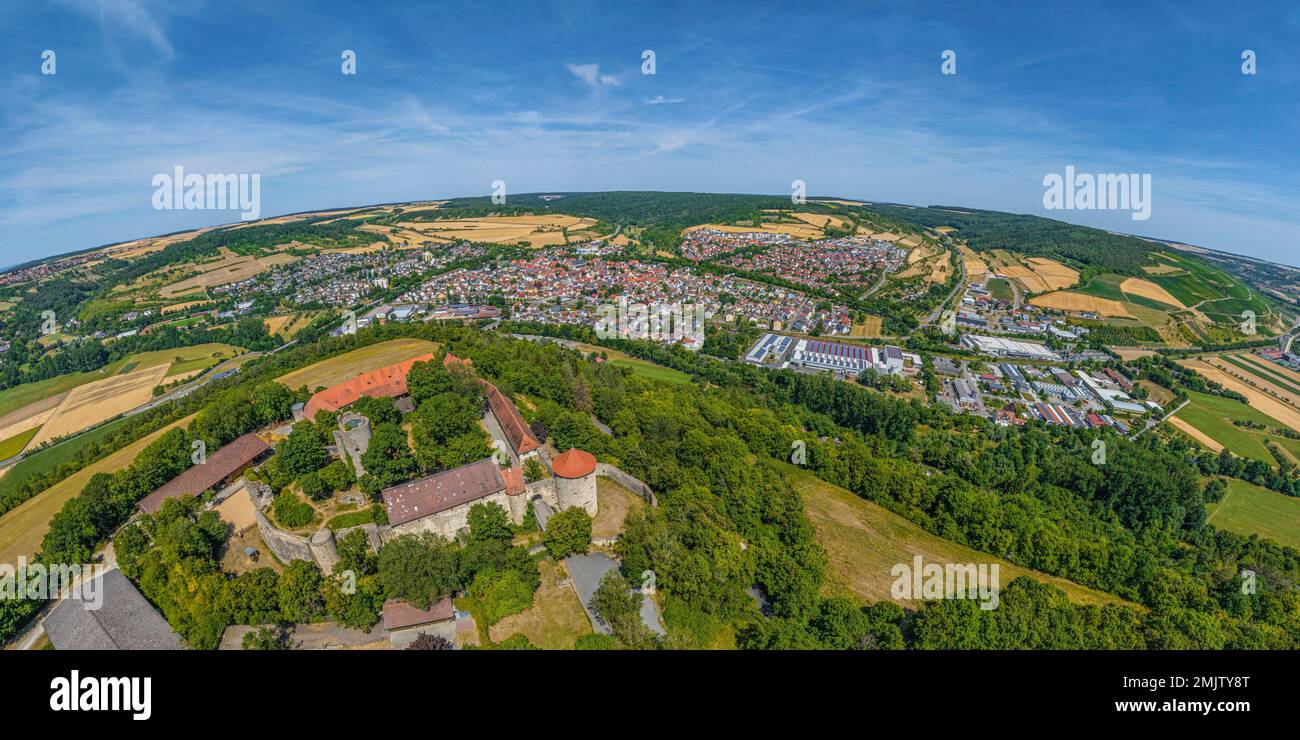 Aerial view to the idyllic region around Igersheim in the Tauber valley ...