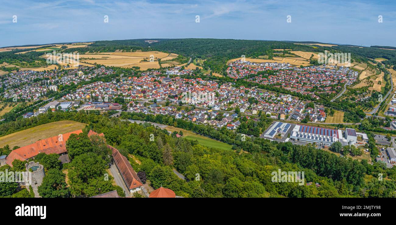 Aerial view to the idyllic region around Igersheim in the Tauber valley ...