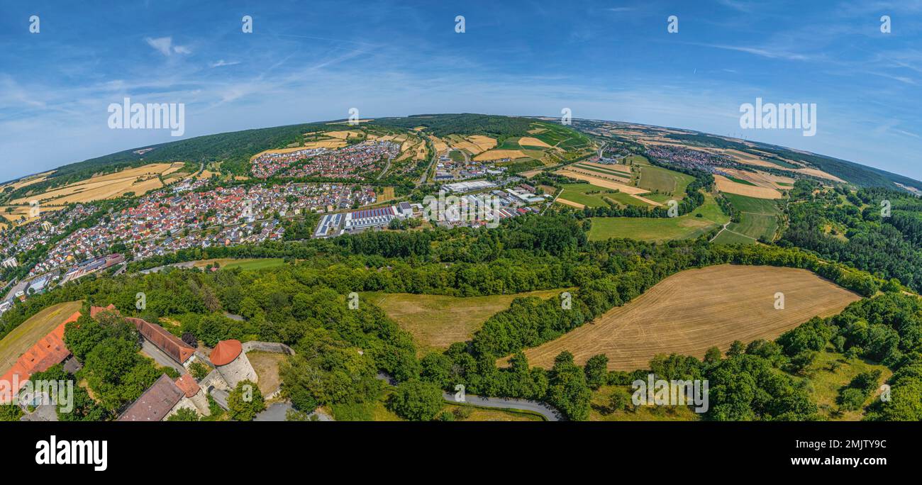 Aerial view to the idyllic region around Igersheim in the Tauber valley ...
