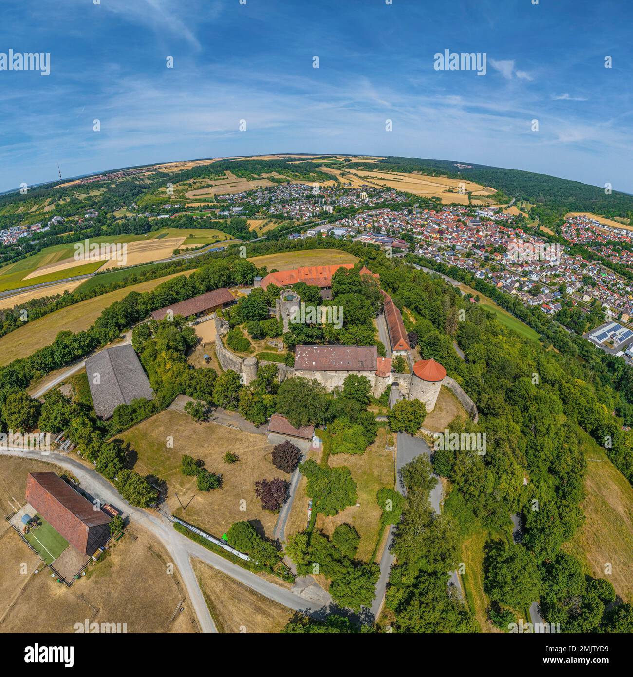 Aerial view to the idyllic region around Igersheim in the Tauber valley ...