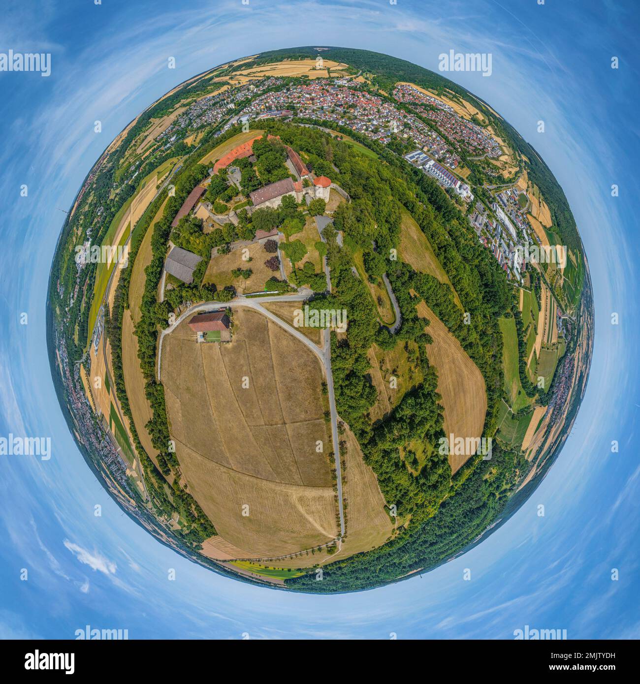 Aerial view to the idyllic region around Igersheim in the Tauber valley ...