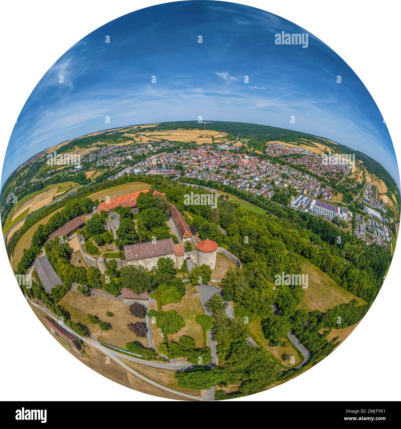 Aerial view to the idyllic region around Igersheim in the Tauber valley ...