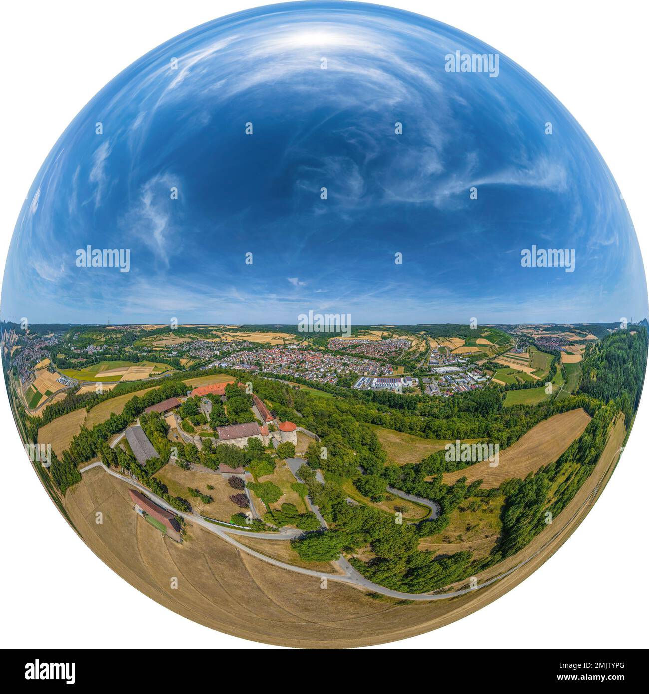 Aerial view to the idyllic region around Igersheim in the Tauber valley ...