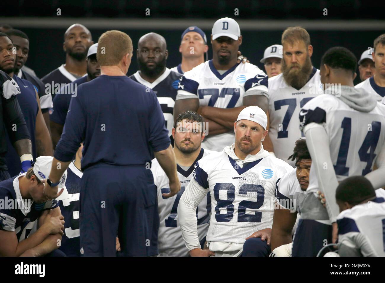 Dallas Cowboys tight end Jason Witten (82) and teammates listen to head ...