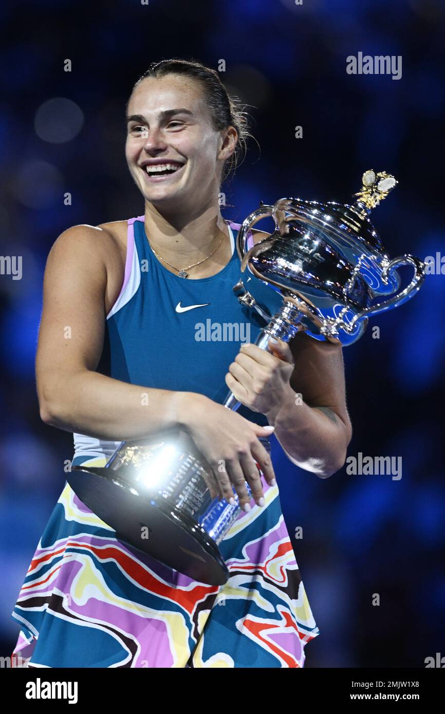 Aryna Sabalenka of Belarus holds the Daphne Akhurst Memorial Cup following her win in the Women ...