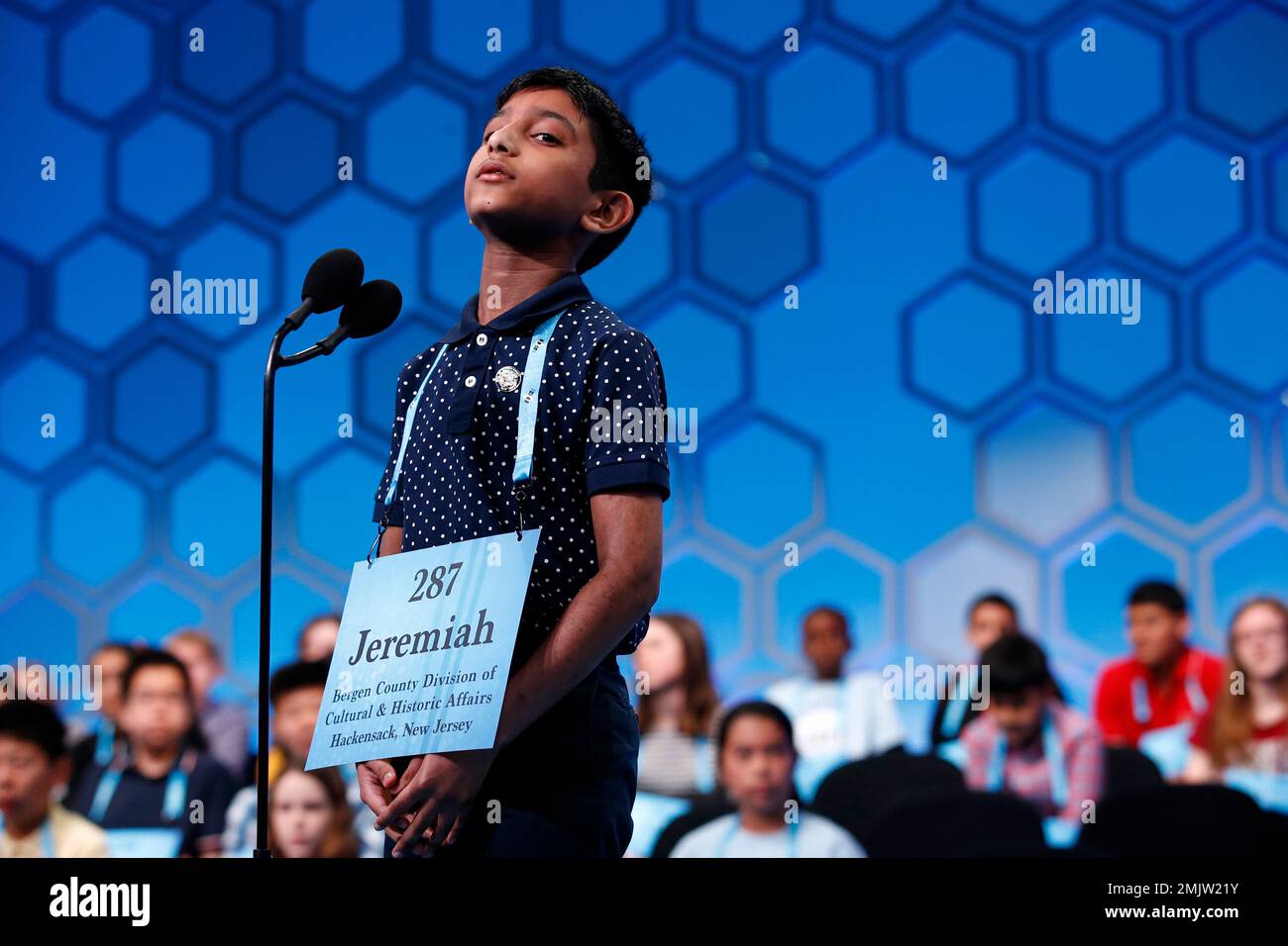 Jeremiah Markose, 10, of New Milford, N.J., reacts after incorrectly ...
