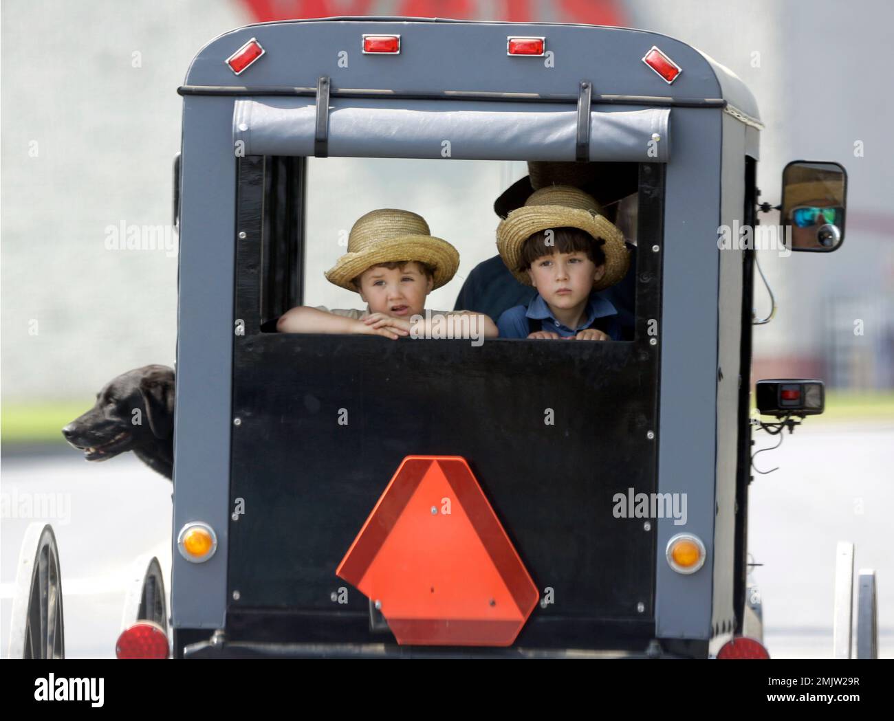 Two boys ride in the back of a horse-drawn buggy stopped at a traffic ...