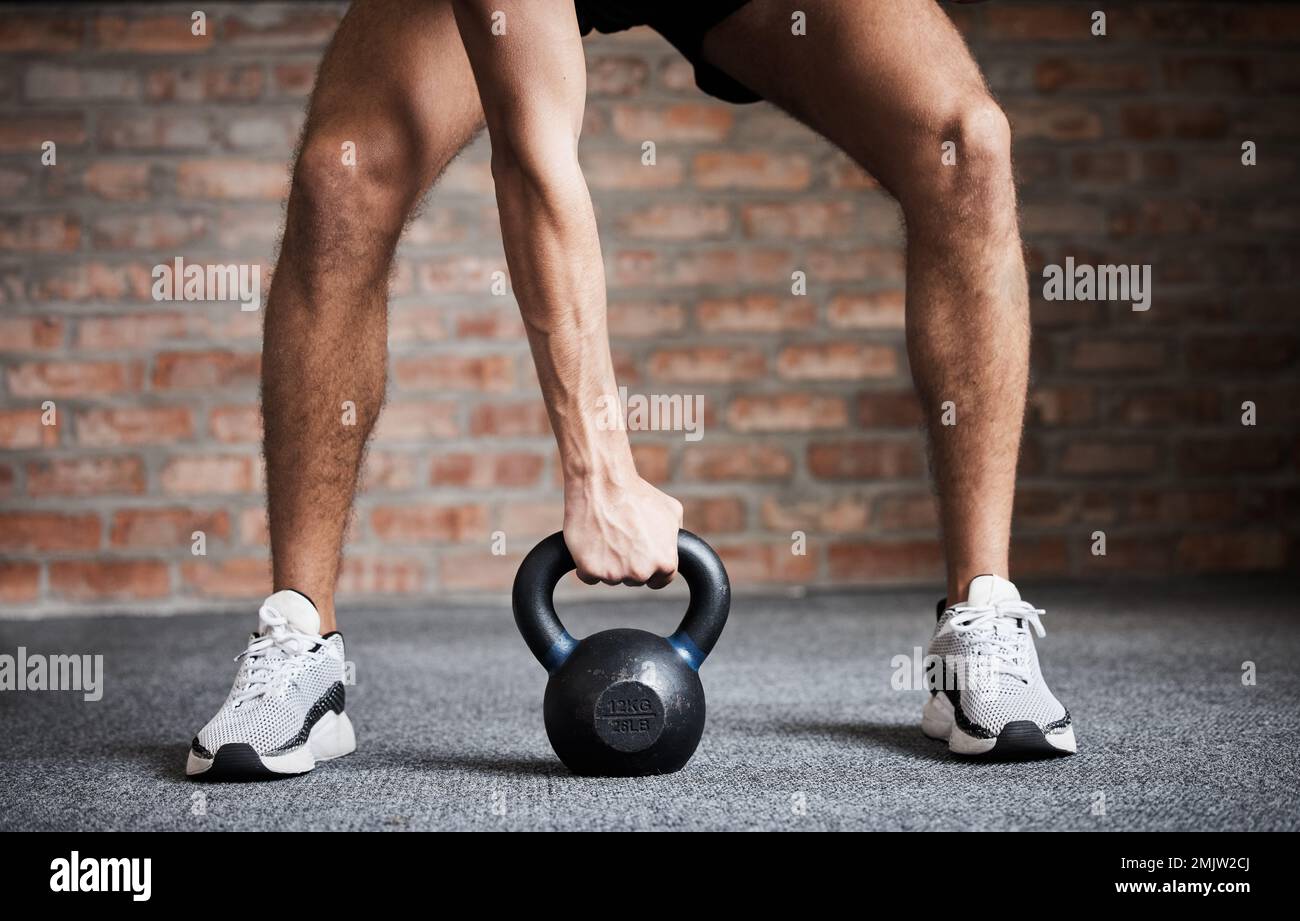 Kettlebell training, exercise and man hands for weightlifting, fitness ...